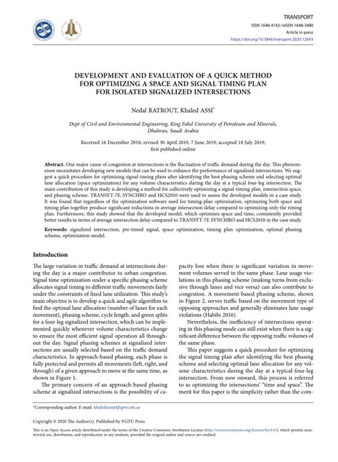 Pdf Development And Evaluation Of A Quick Method For Optimizing A Space And Signal Timing Plan