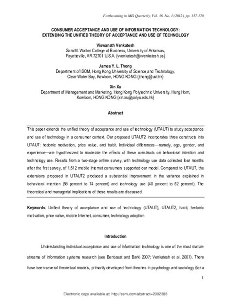 Pdf Consumer Acceptance And Use Of Information Technology Extending The Unified Theory Of