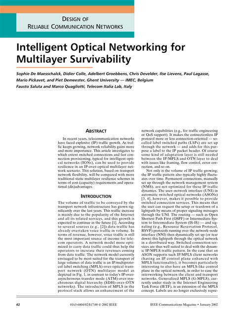 Pdf Intelligent Optical Networking For Multilayer Survivability