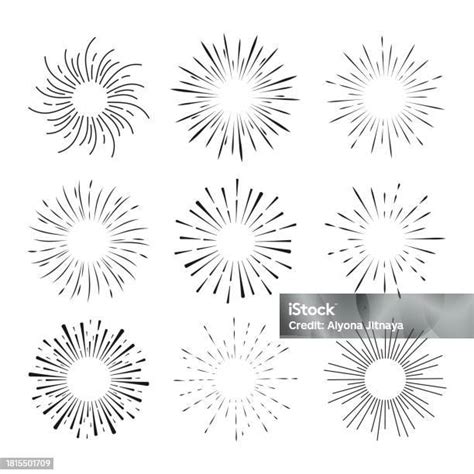 불꽃 놀이 광선 햇살 프레임 원형 테두리 장식 낙서 스타일의 반짝임 흰색 배경에 고립 된 라인 스케치 폭발을 설정합니다 벡터 일러스트 레이 션 개체 그룹에 대한 스톡 벡터