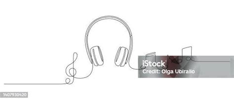 음악 노트와 고음 클레프와 헤드폰 스피커의 연속 한 줄 그리기 간단한 선형 스타일의 헤드셋 가젯 및 이어폰 장치 편집 가능한 스트로크 낙서 벡터 일러스트 레이 션 헤드폰에