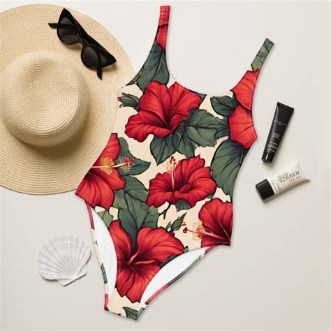 Red Floral Swimsuit Red Hibiscus Pattern One Piece Swimsuit Vintage