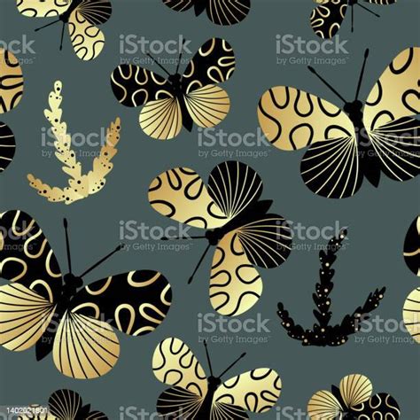 금색과 검은 나비의 완벽한 패턴 트렌디 한 직물 가정용 섬유 의류 종이 벽지 특이한 포장 커튼의 디자인을위한 템플릿 벡터 일러스트레이션 가축떼에 대한 스톡 벡터 아트 및