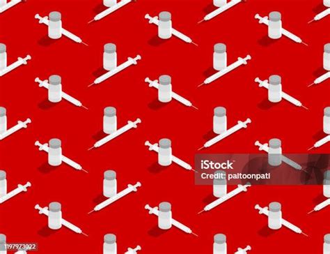 인슐린 과 주사기 3d 등각 투영 원활한 패턴 당뇨병 의료 기기 개념 포스터 및 사회 배너 포스트 스퀘어 디자인 삽화 공간 벡터