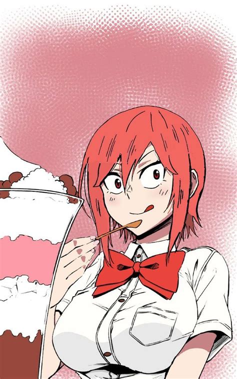 An Anime Girl With Red Hair And Bow Tie Holding A Piece Of Cake In
