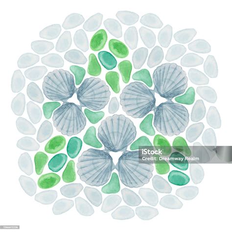 흰색 배경에 옅은 파란색과 녹색 색상의 조개와 바다 유리로 만든 꽃의 손으로 그린 수채화 배열 유리 조약돌에 대한 스톡 벡터 아트 및 기타 이미지 Istock