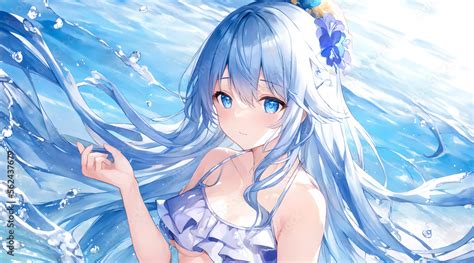 Sexy Anime Japanese Girl Big Blue Eyes On Sea Stock Illustration
