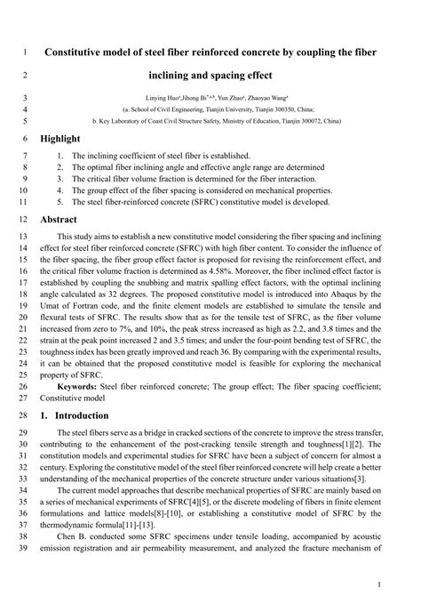 Pdf Constitutive Model Of Steel Fiber Reinforced Concrete By Coupling The Fiber Inclining And