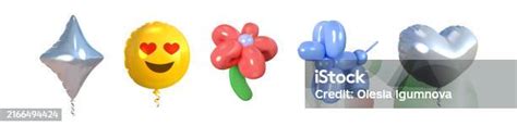 개 꽃 이모티콘 은색 하트 및 마름모 모양의 풍선 세트 3d 사실적인 스타일 벡터 일러스트 레이 션 3차원 형태에 대한 스톡 벡터 아트 및 기타 이미지 Istock