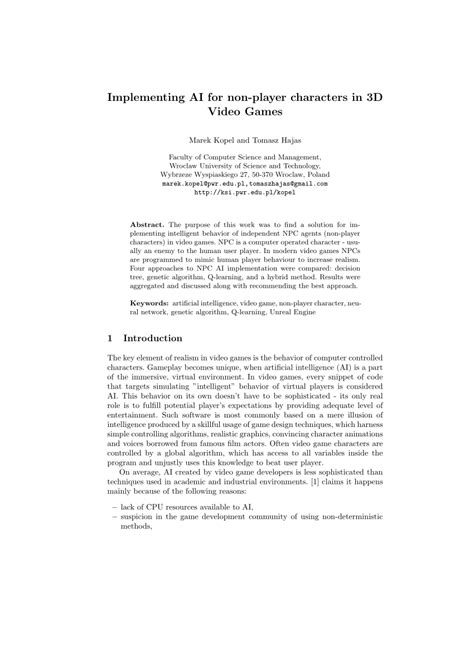 Pdf Implementing Ai For Non Player Characters In 3d Video Games