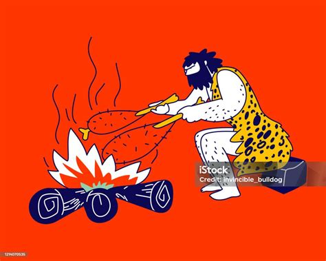 동굴에 앉아 모닥불에 원시인 문자 튀김 고기 인간의 진화 선사 시대 문명 기간 부족 가족의 일원 네안데르탈 호모 사피엔스 라이프 스타일 선형 벡터 일러스트레이션 동굴에 대한