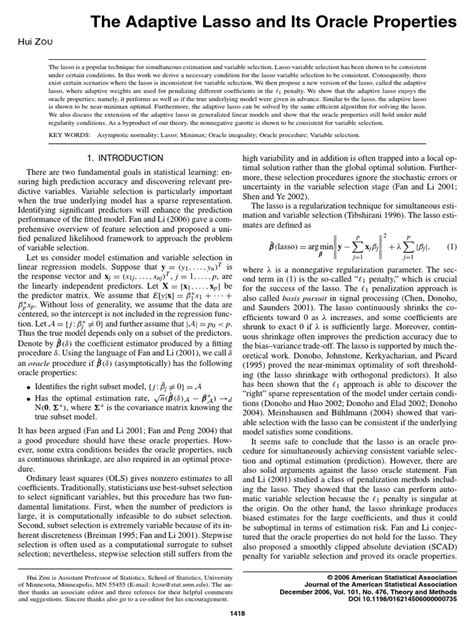 Adaptive Lasso And Oracle Properties Pdf Ordinary Least Squares Linear Regression