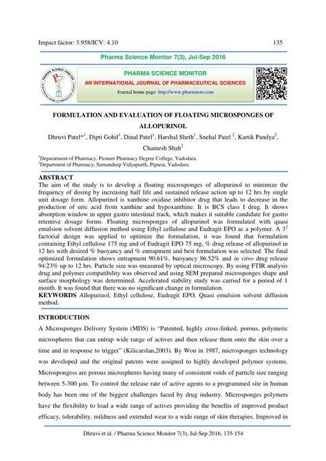 Pdf Formulation And Evaluation Of Floating Microsponges Of Allopurinol