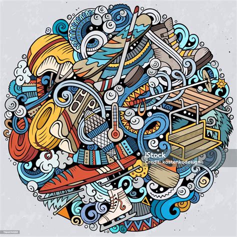 겨울 스포츠 손으로 그린 벡터 낙서 그림입니다 스키 리조트 포스터 디자인입니다 추운 계절 야외 활동 요소와 개체 만화 배경입니다 밝은 색상 재미있는 그림 0명에 대한 스톡