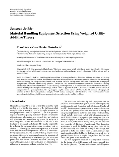 Pdf Material Handling Equipment Selection Using Weighted Utility Additive Theory