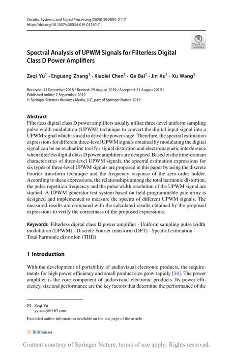 Spectral Analysis Of Upwm Signals For Filterless Digital Class D Power Amplifiers Request Pdf