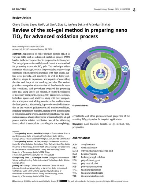 Pdf Review Of The Sol Gel Method In Preparing Nano Tio2 For Advanced