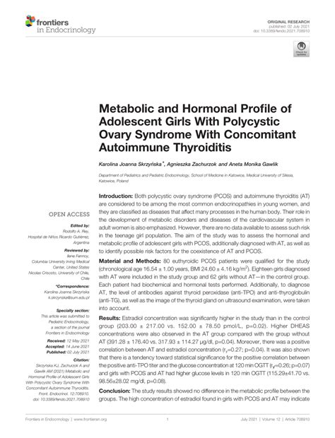 Pdf Metabolic And Hormonal Profile Of Adolescent Girls With Polycystic Ovary Syndrome With