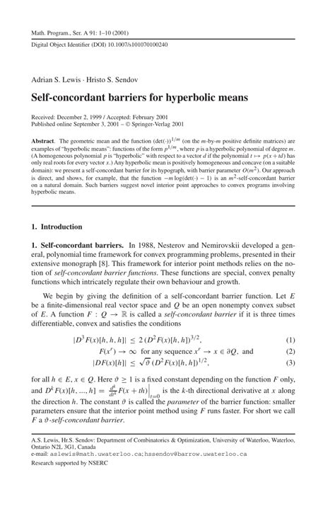 Pdf Self Concordant Barriers For Hyperbolic Means