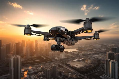 Quadcopter Soaring High Above An Urban Skyline Capturing Breathtaking