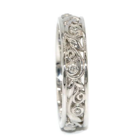 Leaf Vine Scroll Pattern Wedding Eternity Ring Diamond Nature Inspired Rustic Boho Eternity