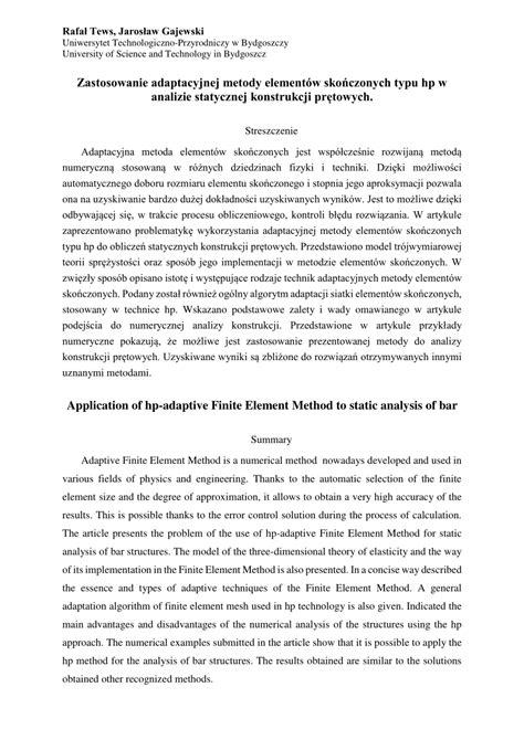 pdf zastosowanie adaptacyjnej metody elementów skończonych typu hp w analizie statycznej