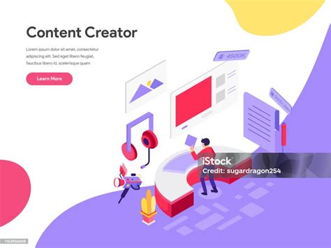 콘텐츠 크리에이터 일러스트 개념의 방문 페이지 템플릿입니다 웹 사이트 및 모바일 웹 사이트에 대한 웹 페이지 디자인의 아이소 메트릭 평면 디자인 개념 벡터 일러스트레이션