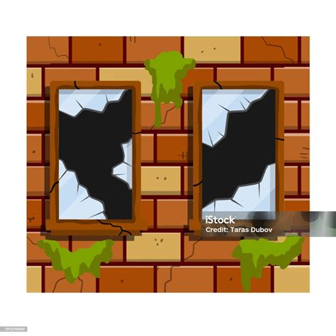 깨진 유리 손상된 거울 나무 갈색 프레임의 파편과 날카로운 부분 벽돌 벽과 기물 파손 파괴와 파멸 만화 플랫 일러스트레이션 0명에 대한 스톡 벡터 아트 및 기타 이미지