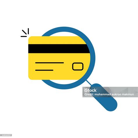 돋보기로 노란색 신용 카드 확인 은행 위험 탐지 또는 수표 위조의 개념 플랫 만화 트렌드 현대 금융 로고타입 그래픽 디자인 흰색 배경에 격리 검사 보기에 대한 스톡 벡터