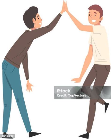 두 남자 주는 하이 파이브 서로 두 사람의 만남 인사말 의 Freinds 또는 파트너 벡터 일러스트 협력에 대한 스톡 벡터 아트 및 기타 이미지 Istock