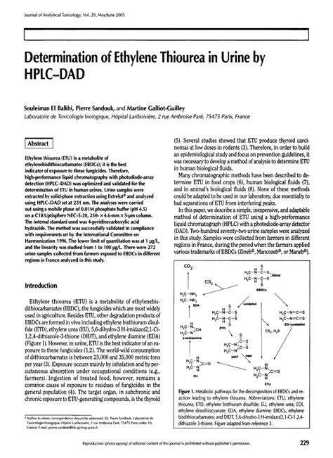 Pdf Determination Of Ethylene Thiourea In Urine By Hplc Dad