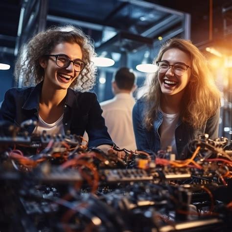 Premium Photo Portrait Of Two Happy Female And Male Engineers Using Laptop Computer To Analyze