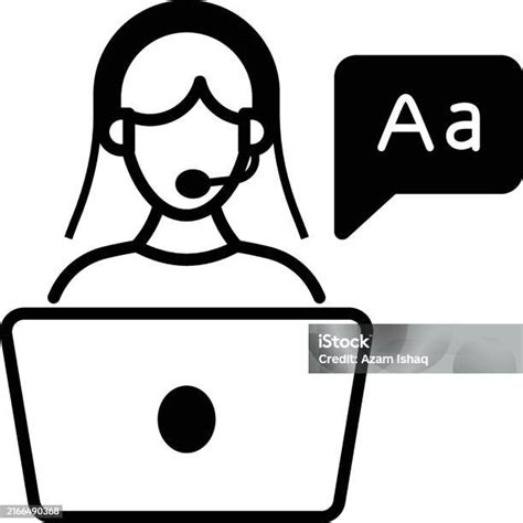 헤드셋 및 노트북 말하기 개념 벡터 아이콘 디자인 국제 언어의 날 기호 번역 서비스 기호 다국어 사용 및 다국어 사용 일러스트 그림과 관리 도우미 고객 서비스 담당자에 대한