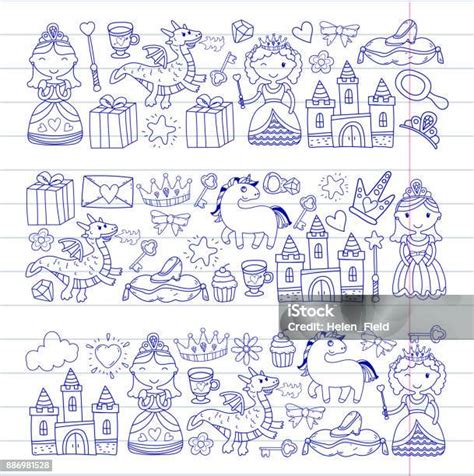 낙서 공주와 판타지 아이콘 집합이 고 그리고 초대 인사말 카드에 대 한 디자인 요소 아이 그림입니다 유치원 유치원 학교 패턴 6