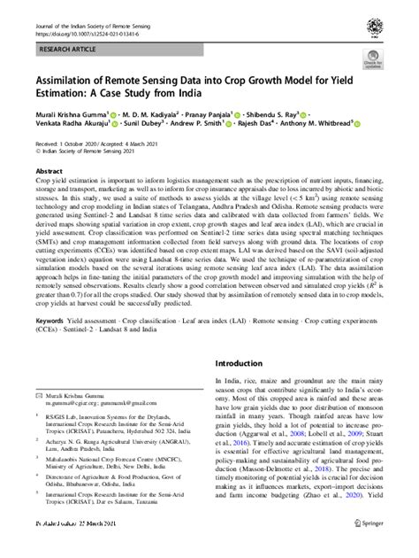 Pdf Assimilation Of Remote Sensing Data Into Crop Growth Model For Yield Estimation A Case