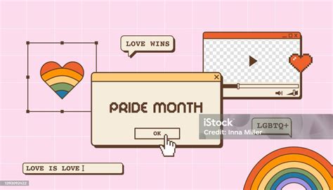 Lgbtq 프라이드 월을위한 오래된 향수 디자인의 수평 배너 템플릿 레트로 80 년대 90 년대 무지개 심장 및 Ui 창이있는