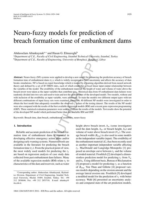 Pdf Neuro Fuzzy Models For Prediction Of Breach Formation Time Of Embankment Dams
