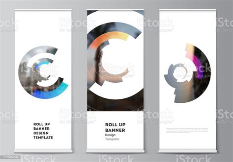 롤업 배너 스탠드 수직 전단지 플래그 디자인 비즈니스 템플릿의 벡터 레이아웃 미래 지향적 인 디자인 원형 패턴 사진기하학적