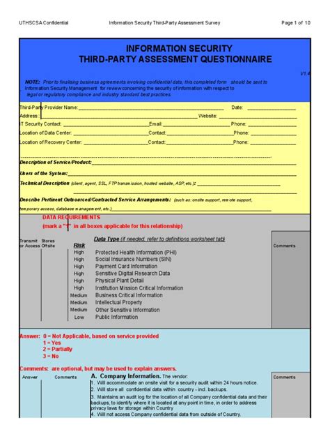 3rd Party Outsourcing Information Security Assessment Questionnaire V1 4 Pdf Information