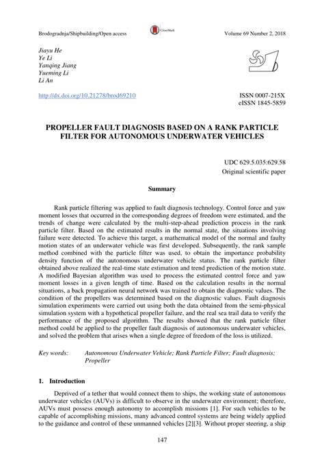 Pdf Propeller Fault Diagnosis Based On A Rank Particle Filter For Autonomous Underwater Vehicles