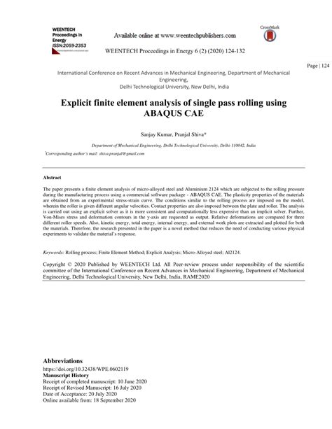 Pdf Explicit Finite Element Analysis Of Single Pass Rolling Using Abaqus Cae