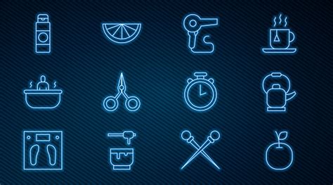 세트 라인 사과 손잡이가 있는 주전자 헤어 드라이어 가위 욕조 크림 로션 화장품 튜브 스톱워치 및 감귤류 과일 아이콘 벡터 가위에 대한 스톡 벡터 아트 및 기타 이미지