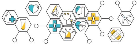 평면 스타일의 원격 의료 건강 관리 및 응급 처치 개념 고립 된 흰색 배경에 육각형으로 설정된 의료 아이콘 웹 응용 프로그램 프리젠 테이션 인쇄를위한 창조적 인 의료