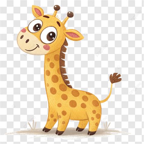 표정이 풍부한 큰 눈과 다정한 미소를 지닌 명랑한 만화 스타일의 기린 몸은 밝은 노란색 털로 덮여 있습니다 독특한 갈색 반점으로 장식되어 있습니다 똑바로 서서 긴 목을