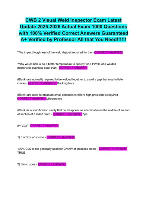 Cwb 2 Visual Weld Inspector Exam Latest Update Actual Exam 1000