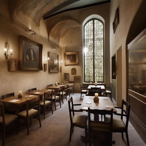 Un Restaurante Con Un Gran Ventanal Detrás De Las Mesas Foto Premium