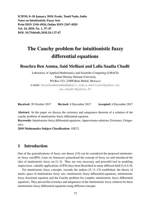 Pdf The Cauchy Problem For Intuitionistic Fuzzy Differential Equations