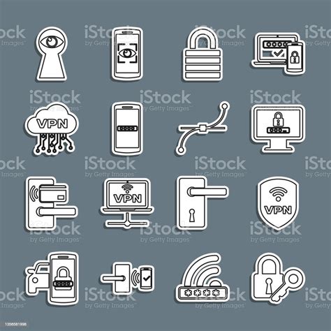 라인 잠금 및 키 Vpn 무선 모니터 암호 모바일 클라우드 인터페이스 키홀 아이 및 베지어 곡선 아이콘을 갖춘 쉴드를 설정합니다 벡터 0명에 대한 스톡 벡터 아트 및 기타