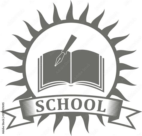 Black And White Illustration Of A School Logo A Sun Banner With Text And A Book With A Pen