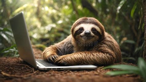 Cute Sloth Working On A Laptop In The Forest Generative Ai Stock Illustration Illustration